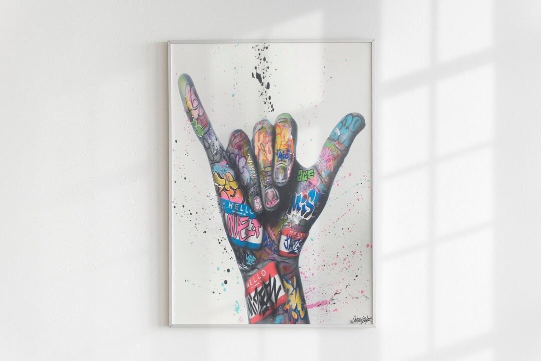 Hands Victory Gesture Graffiti Painting Canvas, Shaka Hand Gesture ...