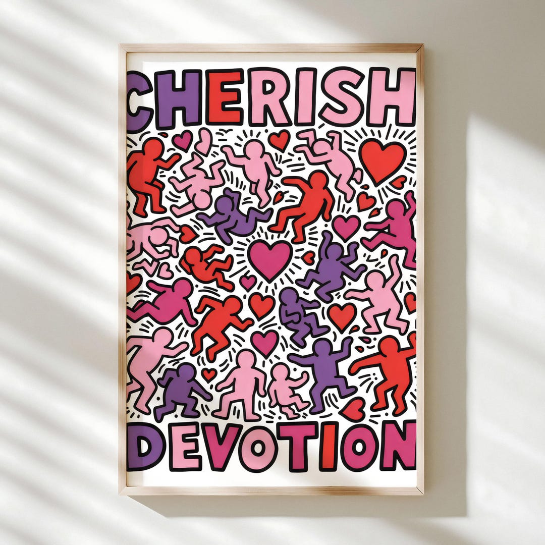 Vibrant Red Soft Pink Deep Purple Keith Haring Authentic Style Wall Art ...