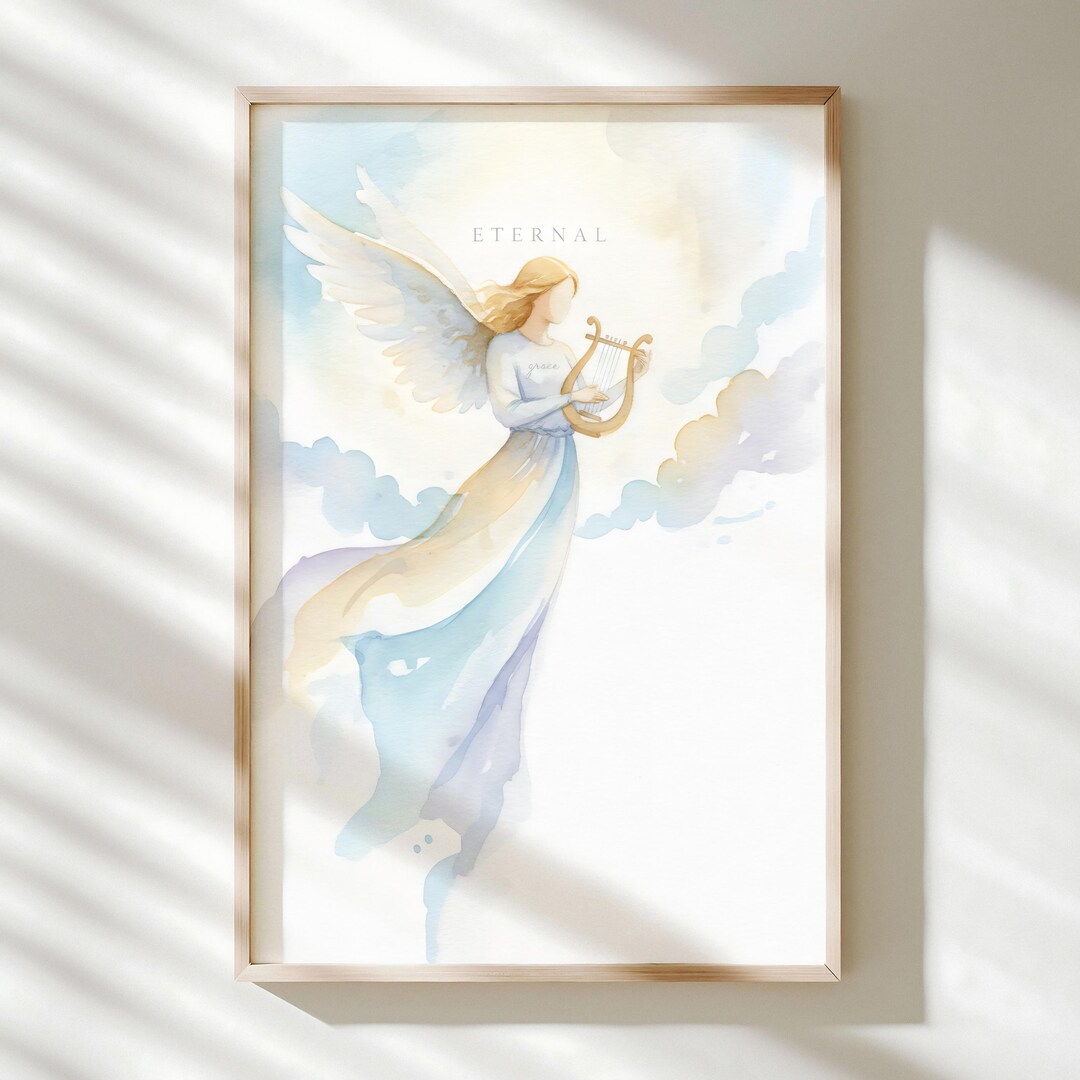 Watercolor Painting Christian Art With Grace and Eternal Angel Playing ...