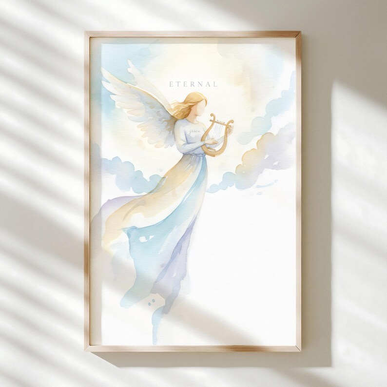 Watercolor Painting Christian Art With Grace and Eternal Angel Playing ...