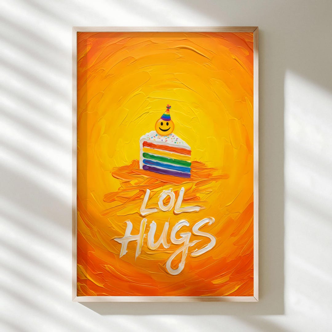 Smiley Emoji Oil Painting , Lol Hugs , Tiny Lonely Face in Party Hat on ...