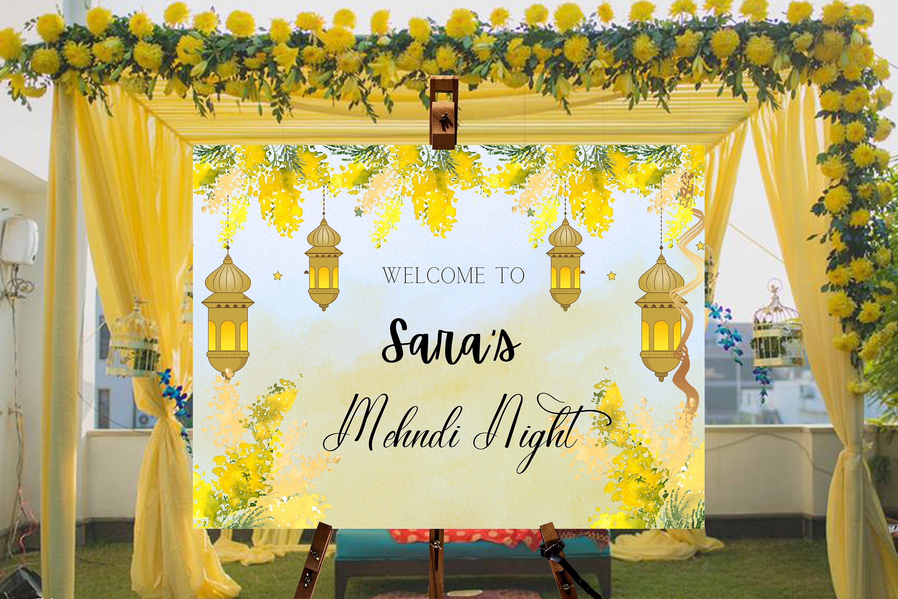 Mehndi Décor Signs, Sangeet Signs, Mendhi Yellow Floral Décor, Mimosa ...