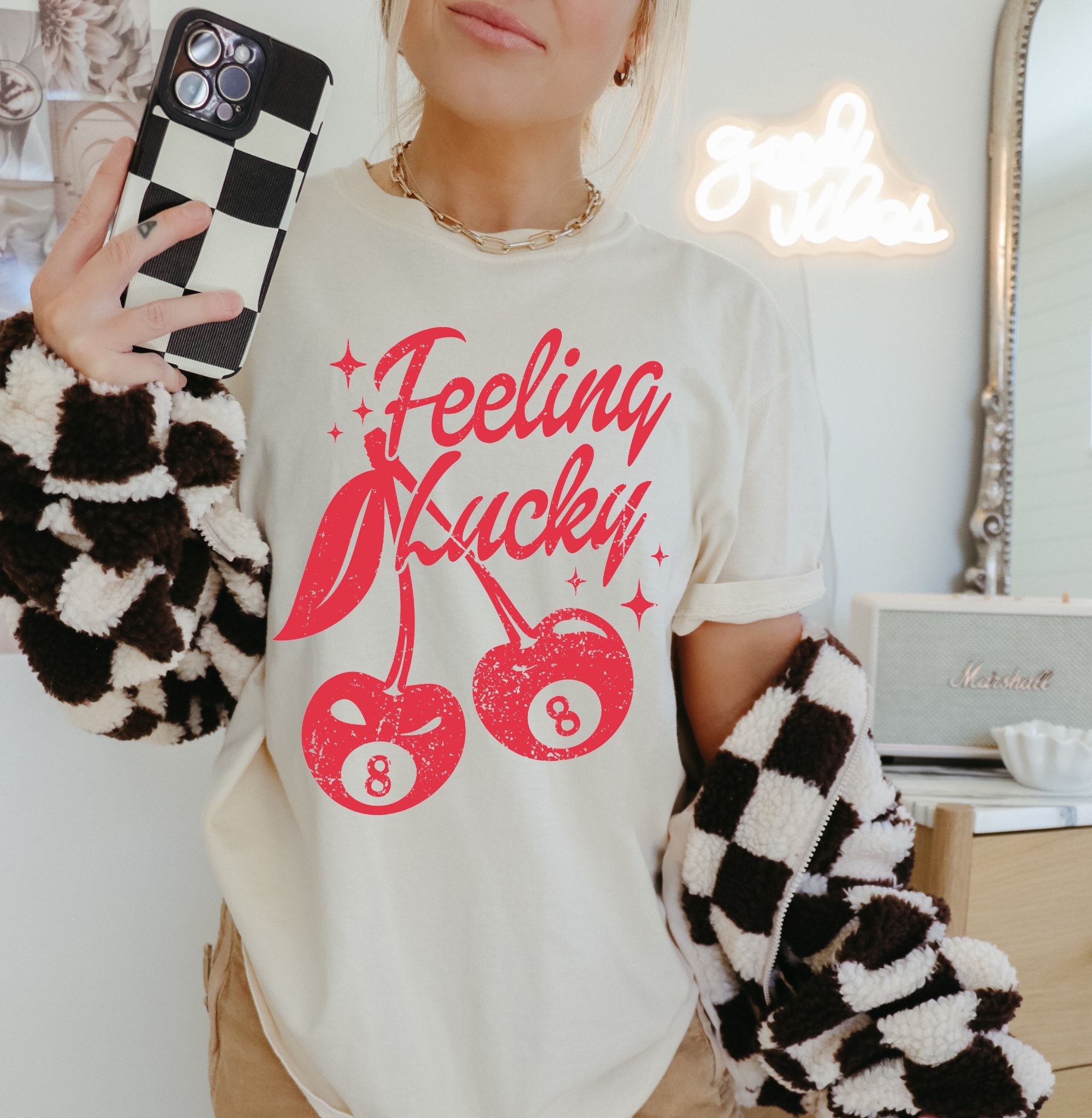 Feeling Lucky Cherry 8 Ball Graphic Tee, Vintage-inspired Cherry Print ...