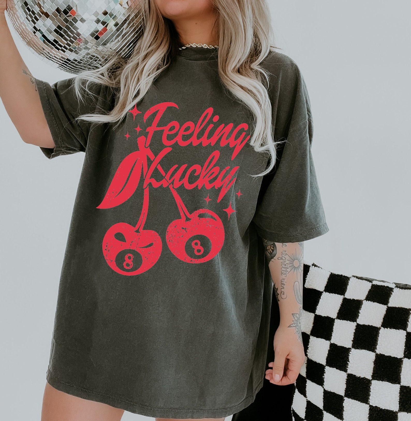 Feeling Lucky Cherry 8 Ball Graphic Tee, Vintage-inspired Cherry Print ...