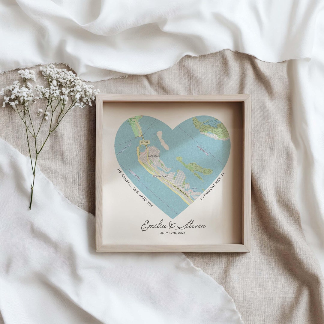 Heart Map Gift for Couple, Engagement Location Map, Newly Engaged Gift ...