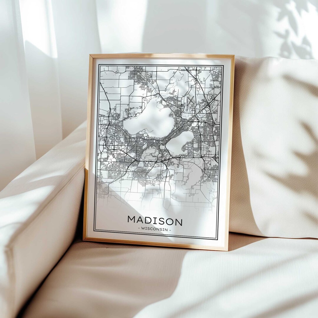 Madison Wisconsin Map Print, Black and White Cityscape (digital ...