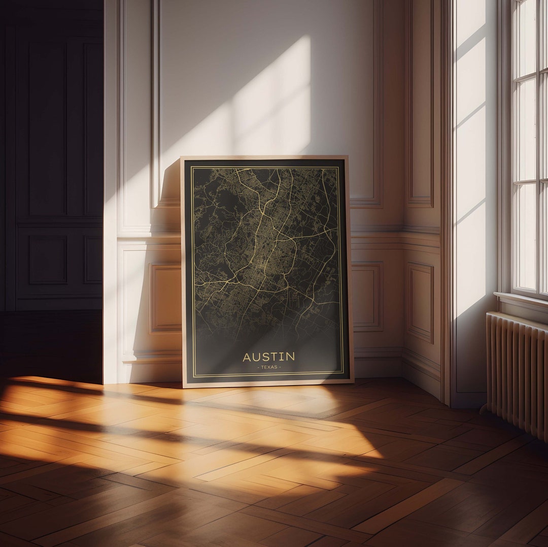 Austin City Map, Austin Download Map, Austin TX City Poster, Black Gold ...