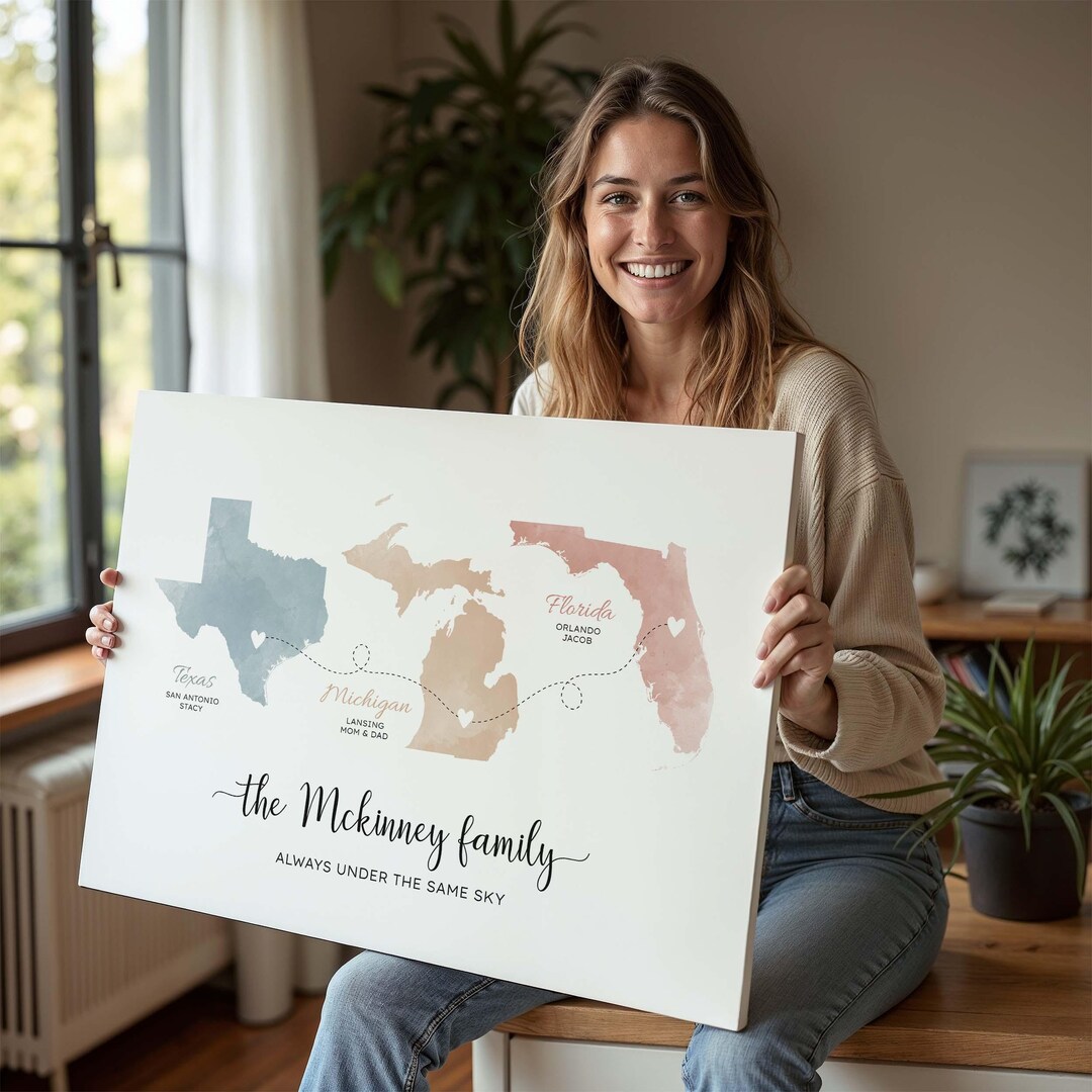 Family Long Distance Map, Three States Digital Map, Personalized Gift ...