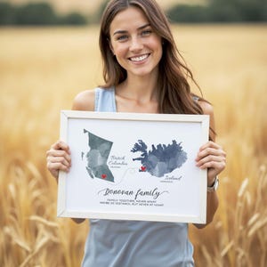 Family Long Distance Gift, Two Locations Linked Heart Digital Map ...