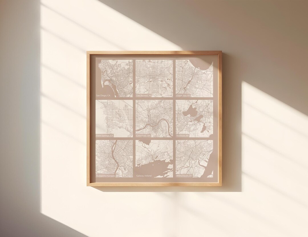 Square Maps Poster, Custom 9 Maps Print, Any Location Map, Neutral Nine ...