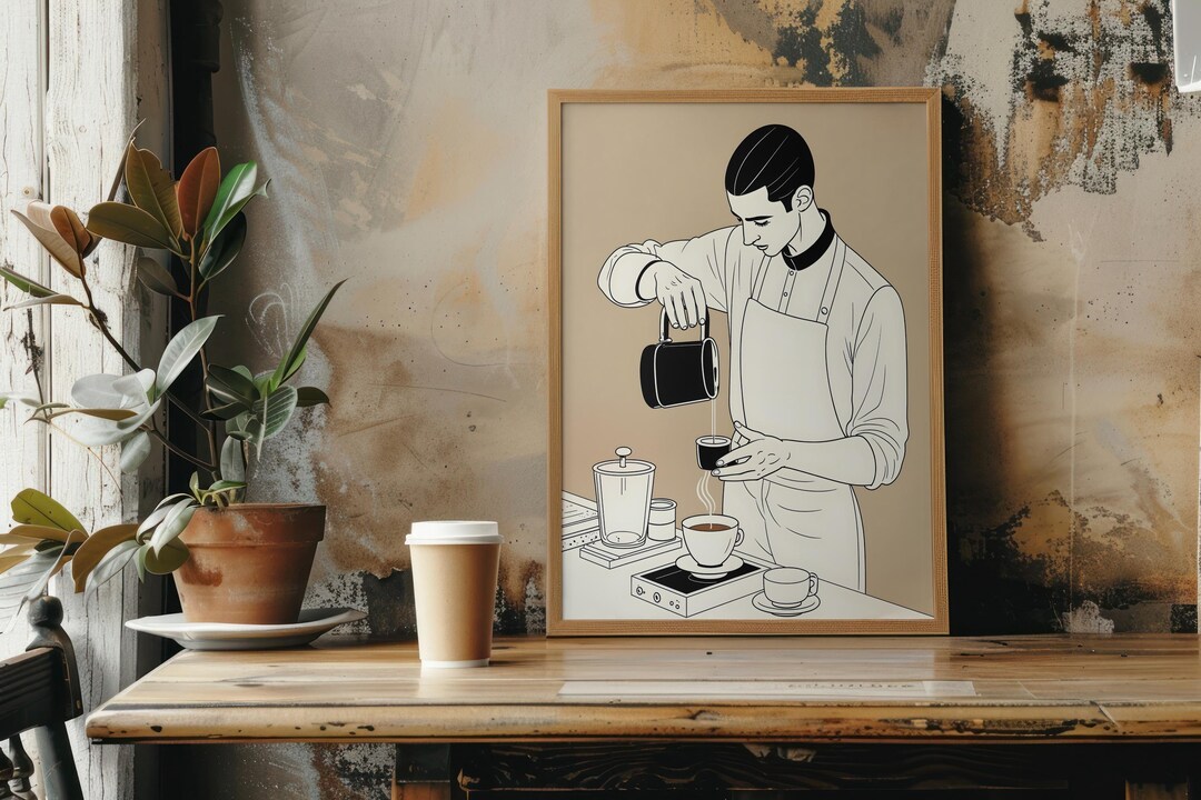 Barista Pouring Coffee Digital Art, Minimalist Coffee Art, Coffee Lover ...