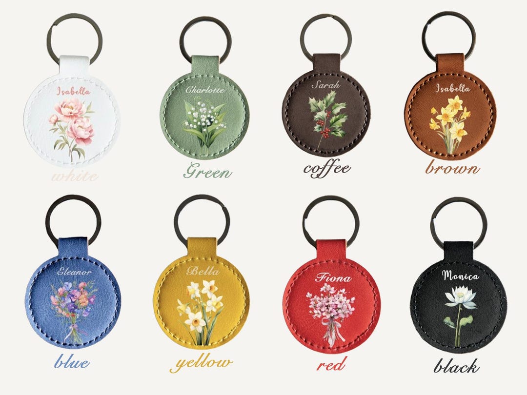 Personalized Leather Birth Flower Keychain: Custom Name Gift - Etsy
