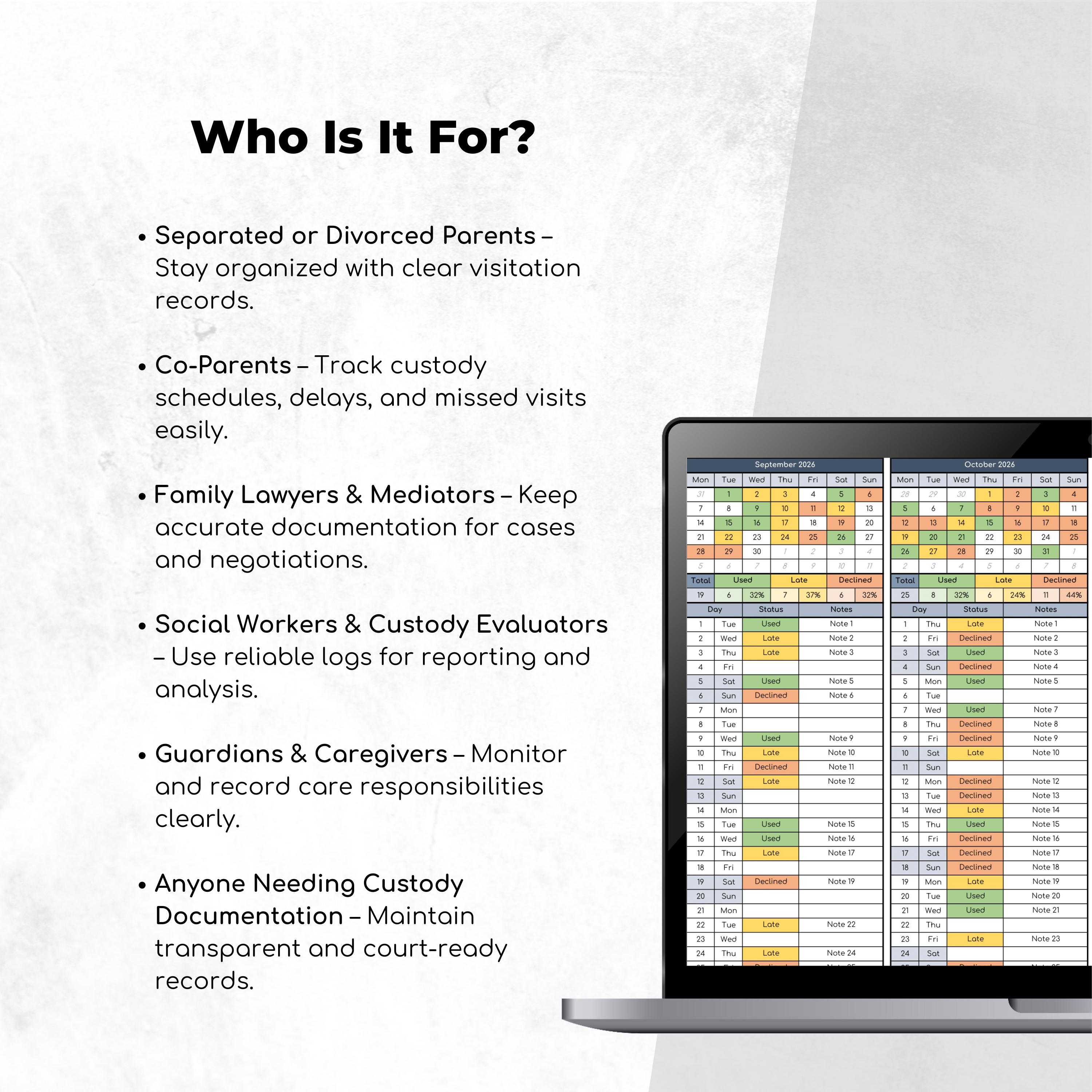 Custody Visitation Tracker Spreadsheet | Excel & Google Sheets | Color ...