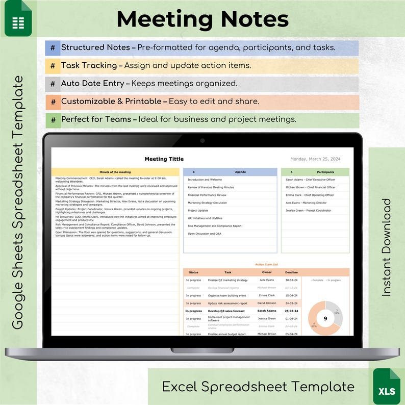 Meeting Notes Template: Excel & Google Sheets (digital Download) - Etsy