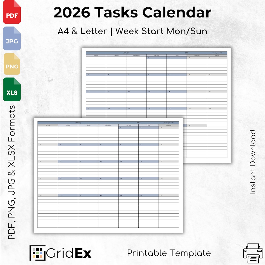2026 Task Calendar | Editable Year Planner | Excel Spreadsheet ...