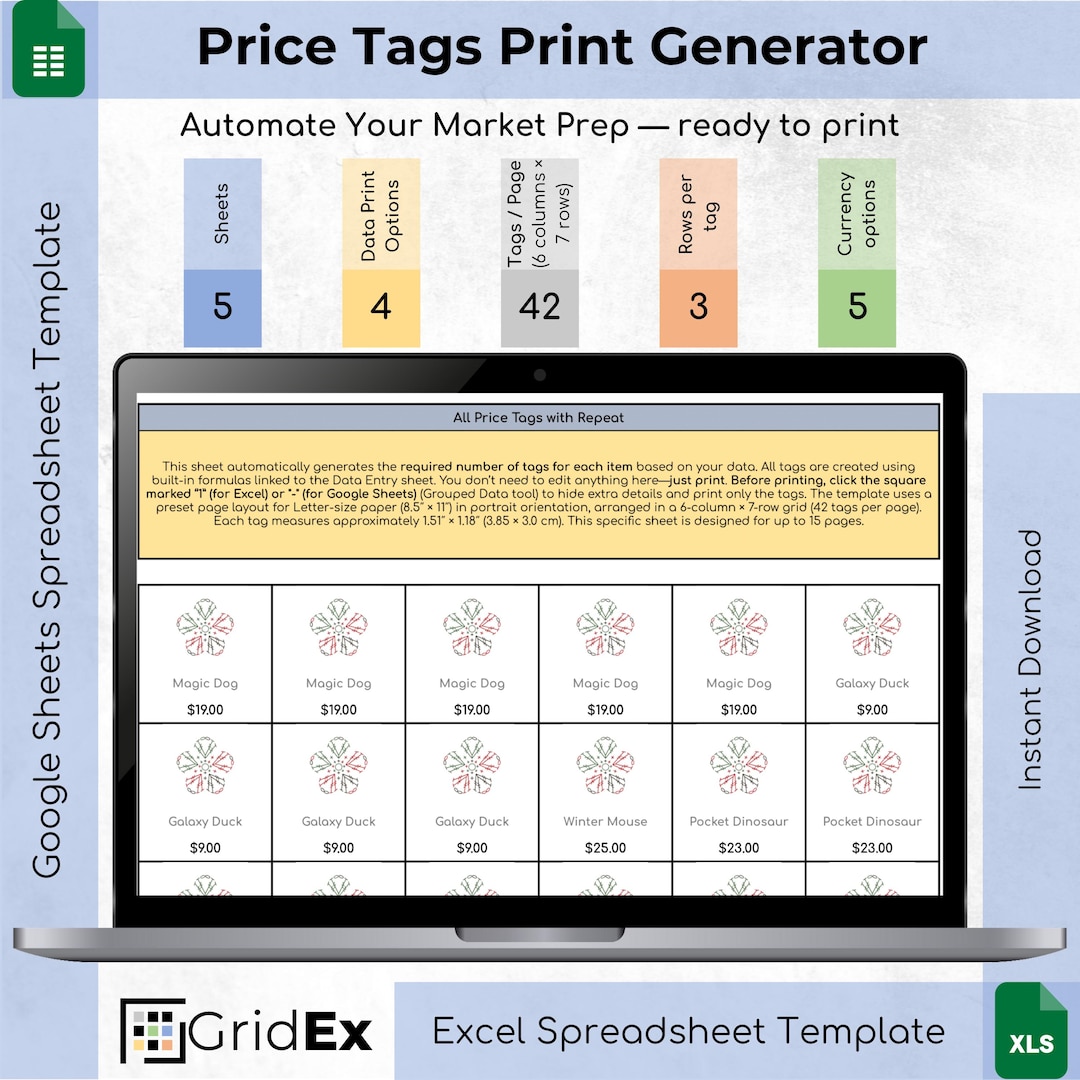 Price Tags Print Generator Spreadsheet Template (excel & Google Sheets ...