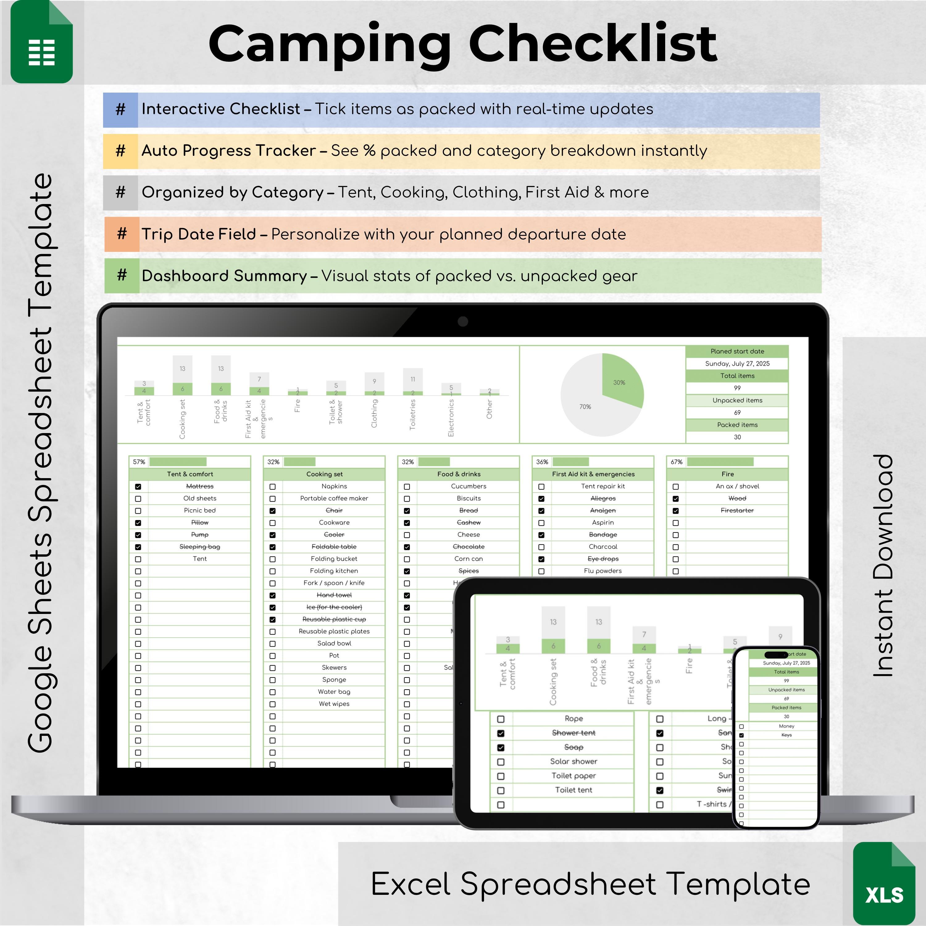 Camping Checklist Google Sheets & Excel Spreadsheet: Travel Checklist ...