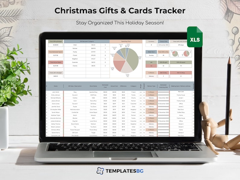 Gift List Tracker & Christmas Cards Plan Excel Spreadsheet Template for ...
