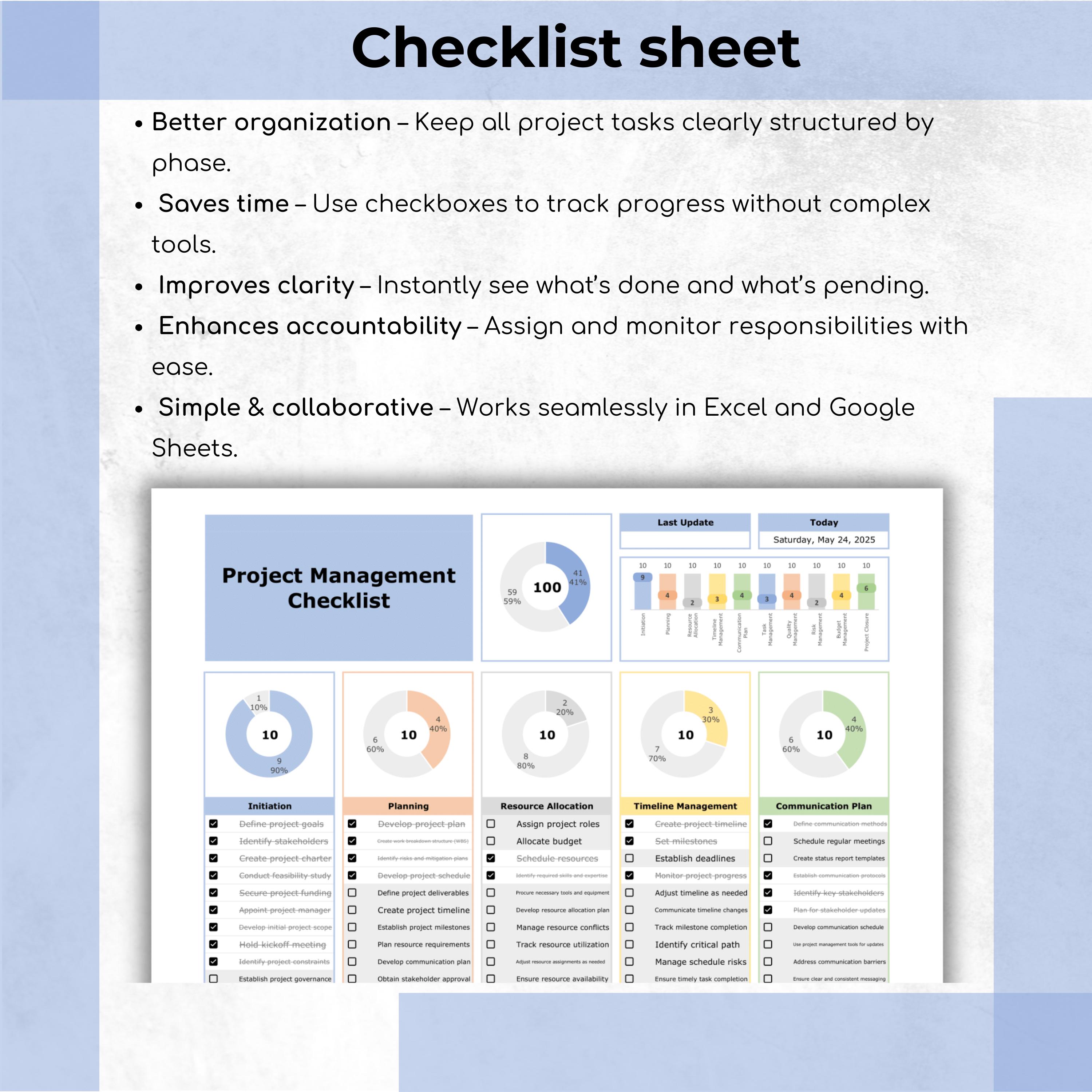 Project Management Checklist Template | Excel Tracker & Google Sheets ...
