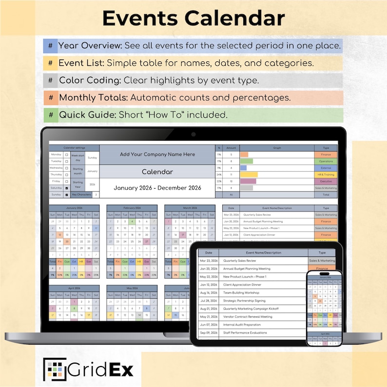 Event Calendar Spreadsheet Template | Excel & Google Sheets Yearly ...