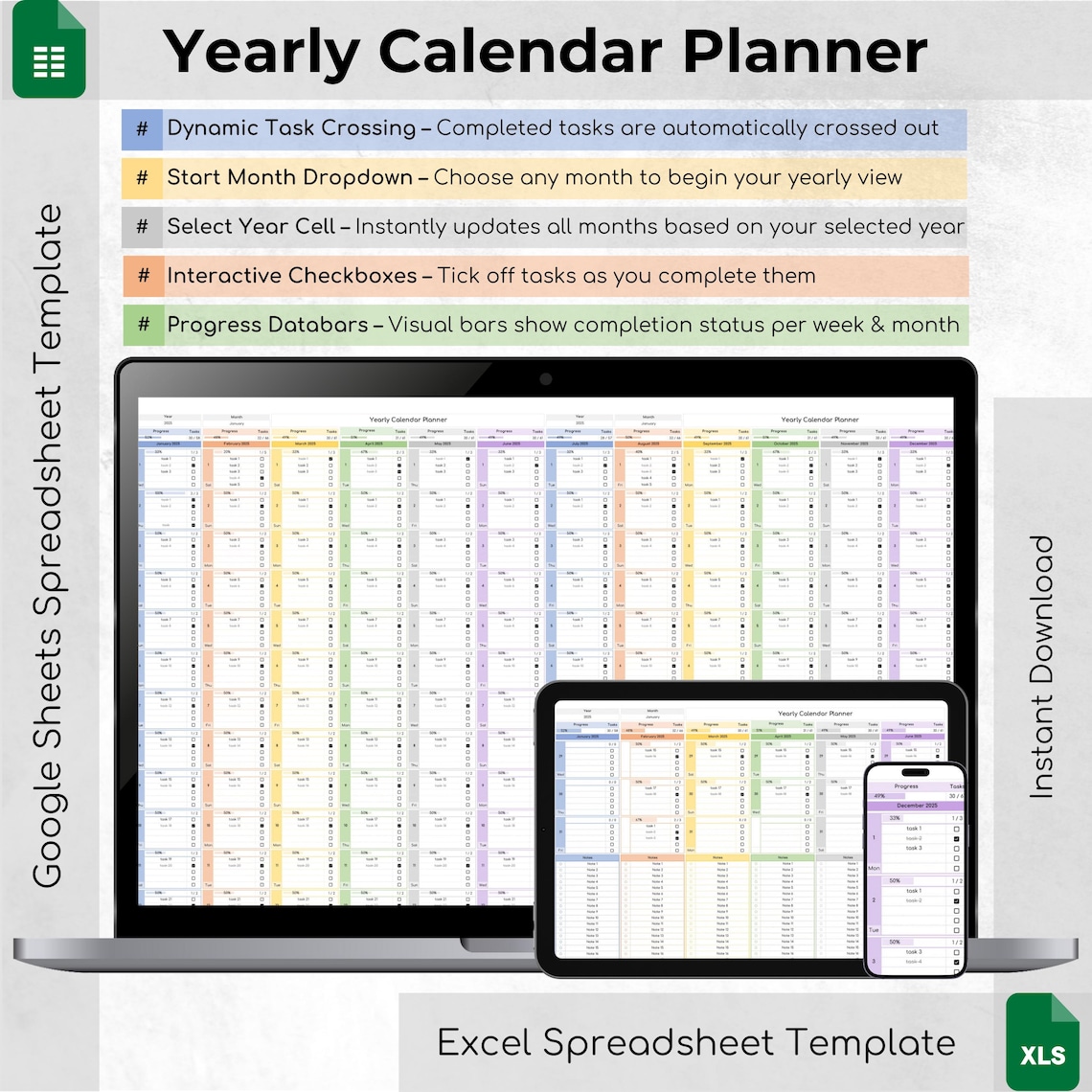 Yearly Calendar Planner Spreadsheet: Excel & Google Sheets (digital ...