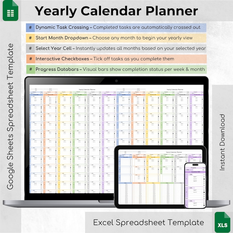Yearly Calendar Planner Spreadsheet: Excel & Google Sheets (digital ...