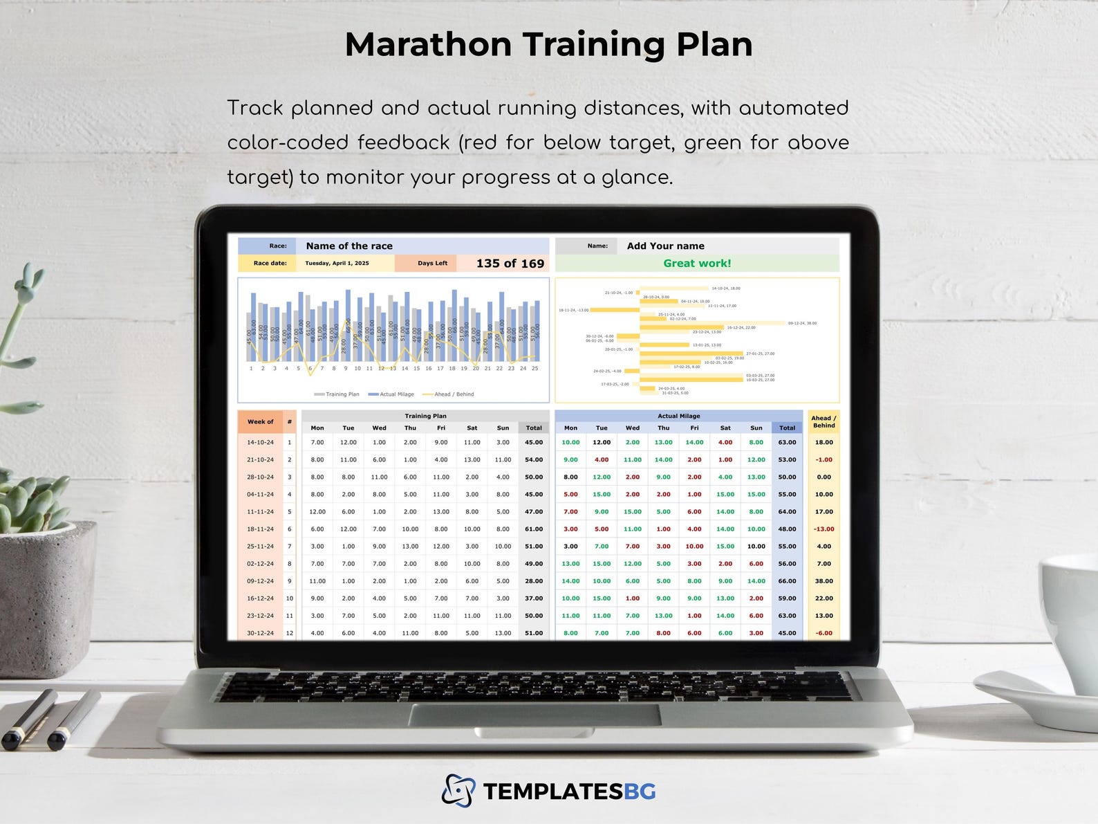 Maraton Running Plan & Tracker Spreadsheet Template: Running Excel ...