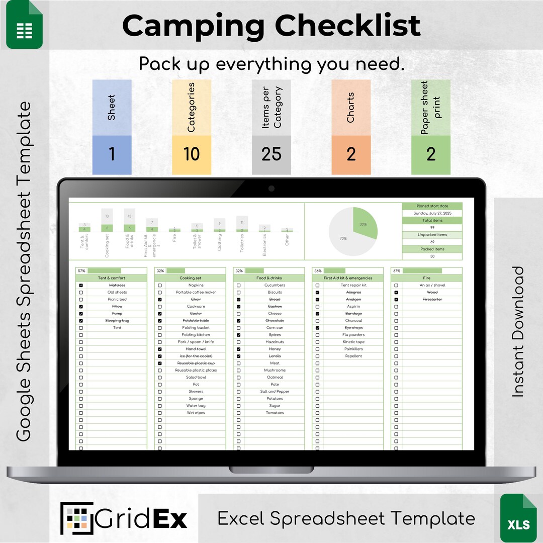 Camping Checklist Google Sheets & Excel Spreadsheet: Travel Checklist ...