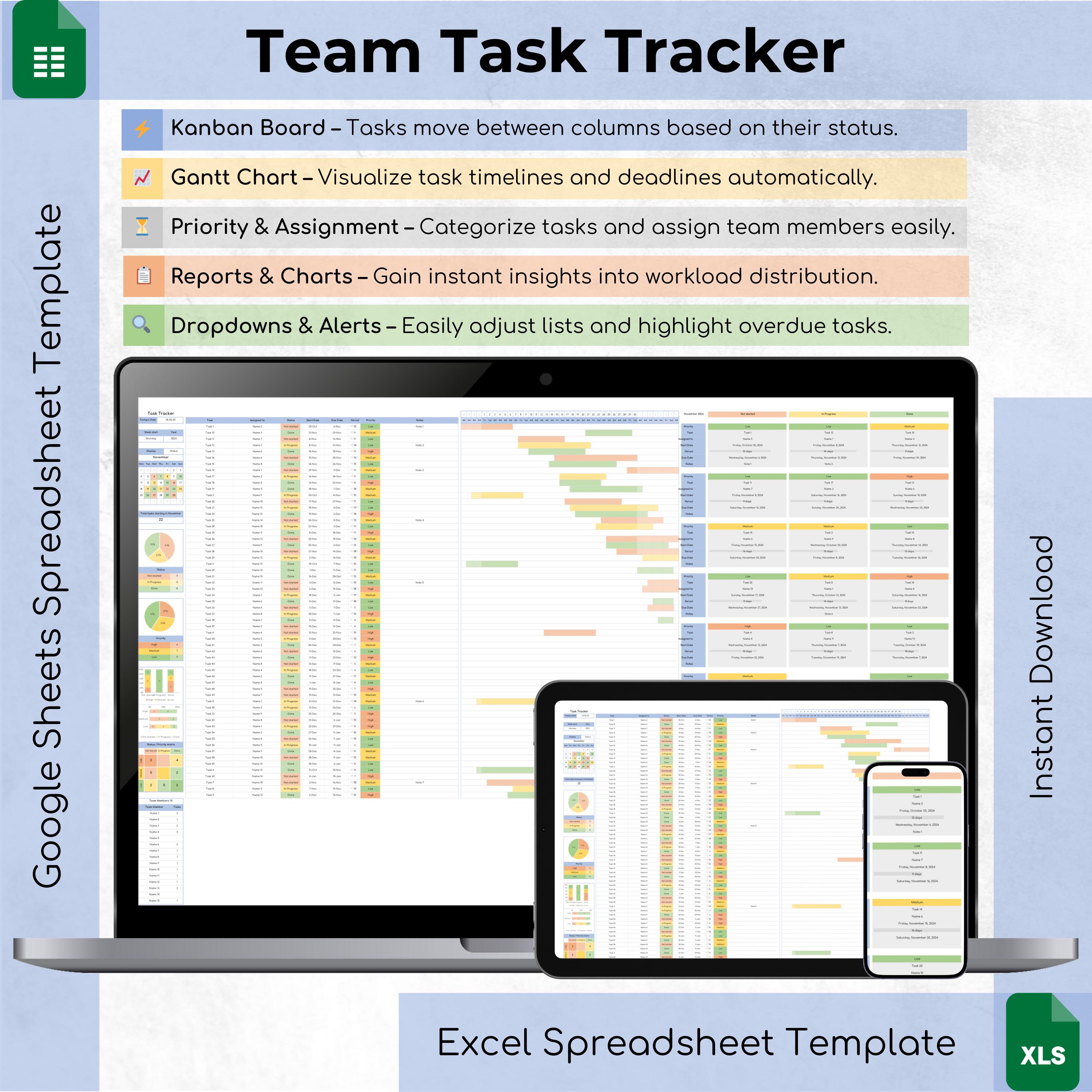 Task Manager Spreadsheet Template | Kanban & Gantt Chart | Excel and ...