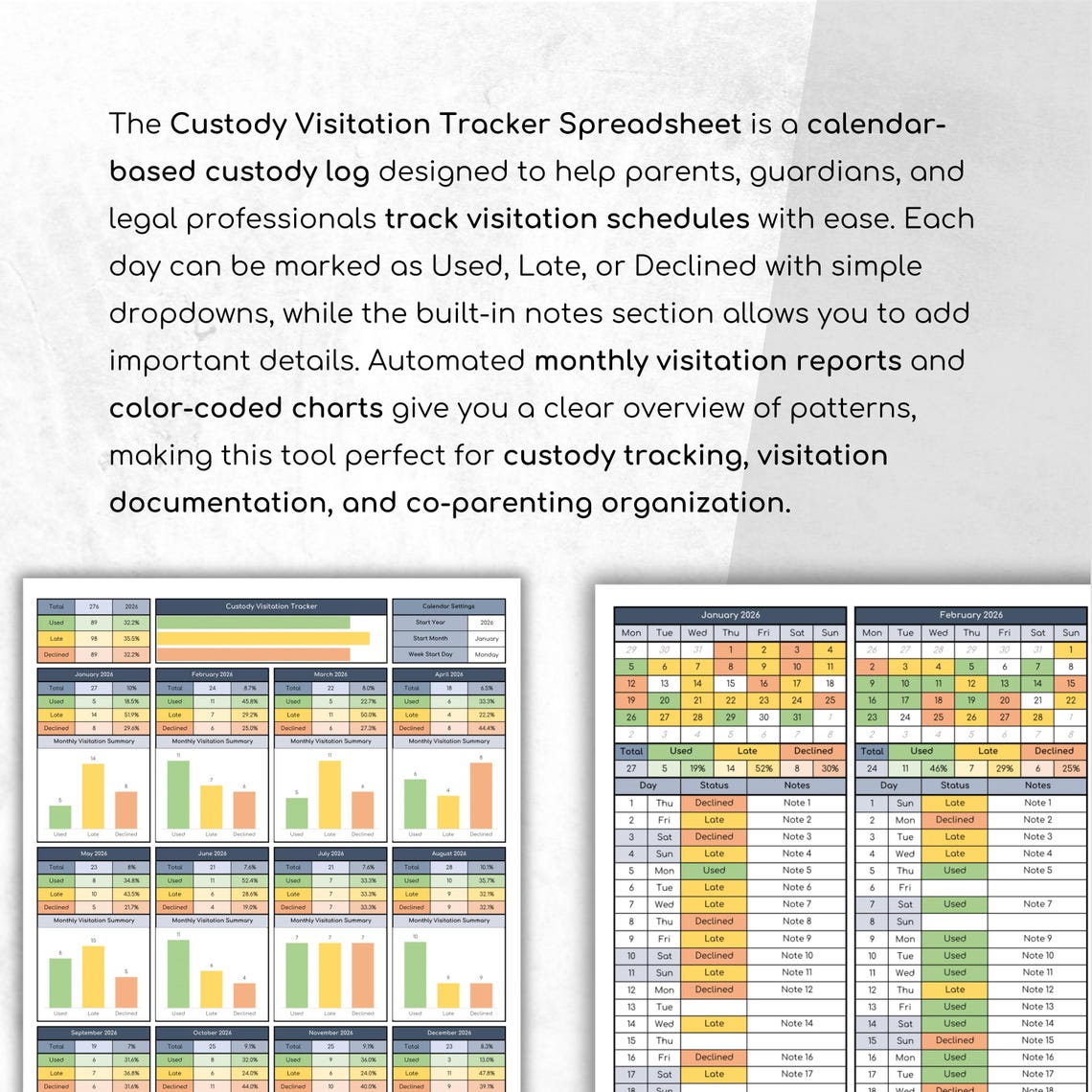 Custody Visitation Tracker Spreadsheet | Excel & Google Sheets | Color ...