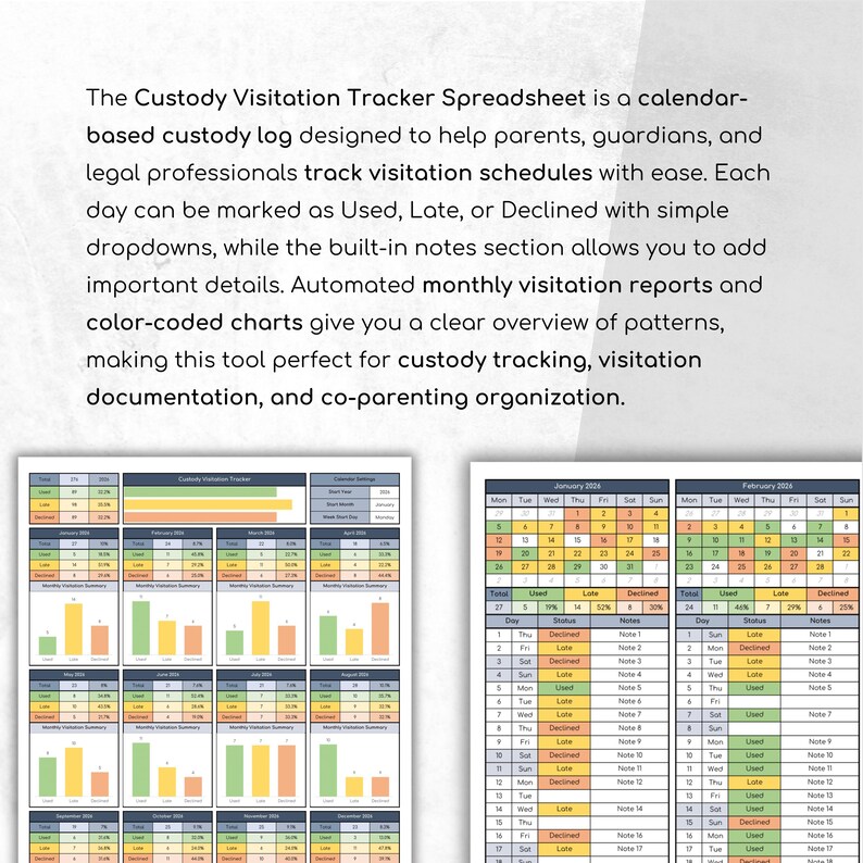 Custody Visitation Tracker Spreadsheet | Excel & Google Sheets | Color ...