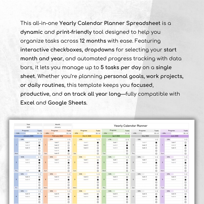 Yearly Calendar Planner Spreadsheet: Excel & Google Sheets (digital ...