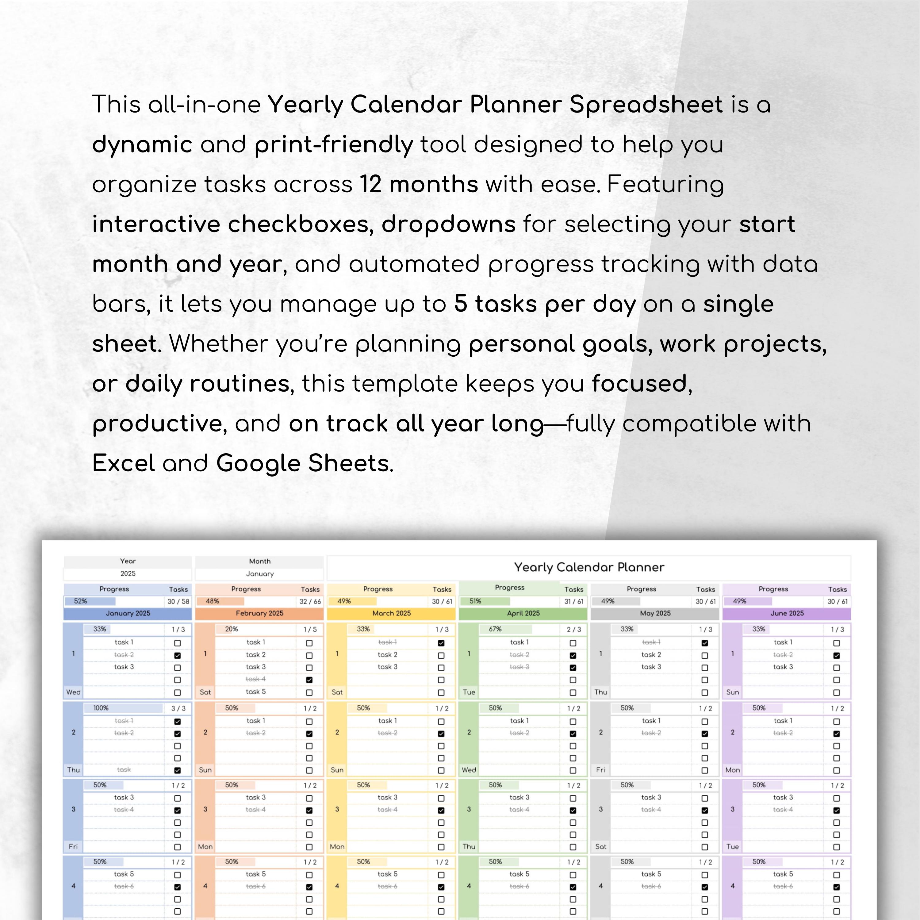Yearly Calendar Planner Spreadsheet: Excel & Google Sheets (digital ...