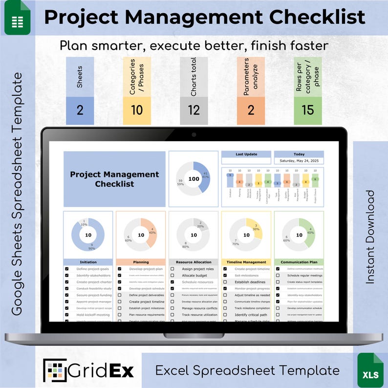 Project Management Checklist Template | Excel Tracker & Google Sheets | Task List, Gantt ...