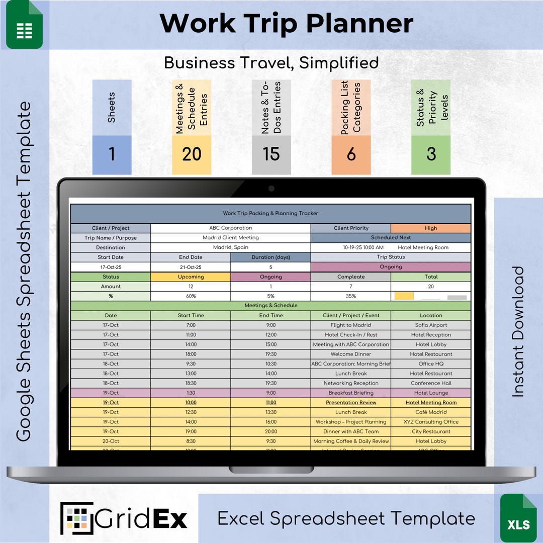 Work Trip Planner | Excel & Google Sheets Travel Tracker Template - Etsy