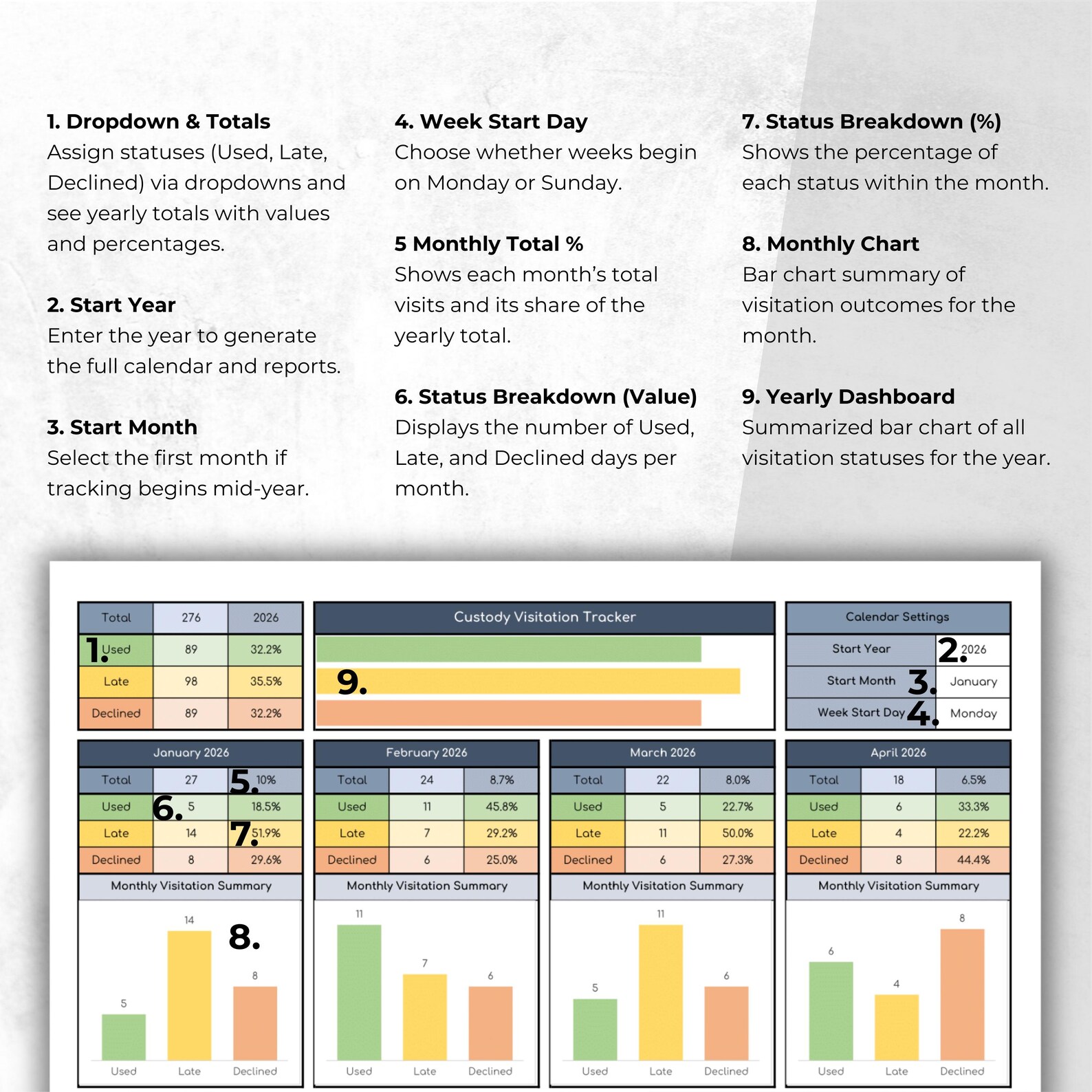 Custody Visitation Tracker Spreadsheet | Excel & Google Sheets | Color ...