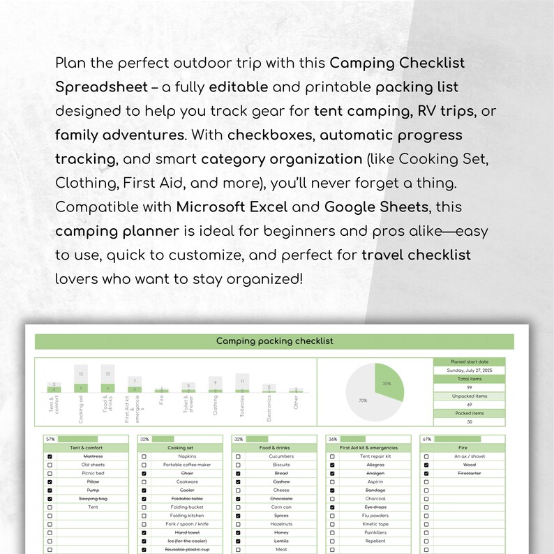 Camping Checklist Google Sheets & Excel Spreadsheet: Travel Checklist ...