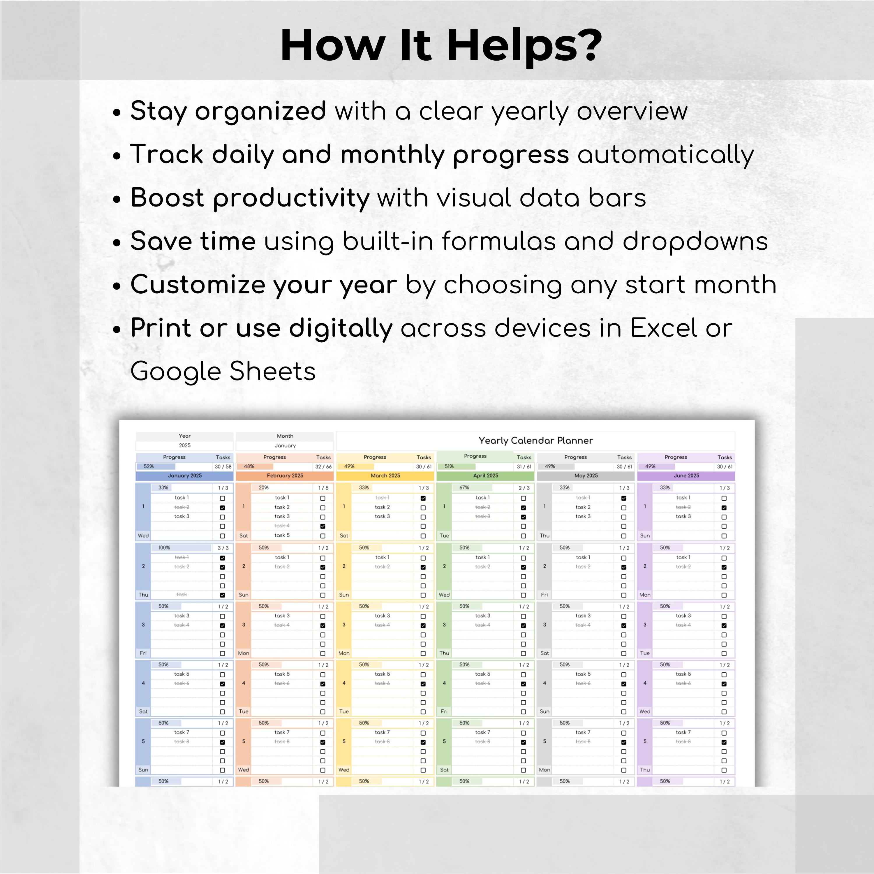 Yearly Calendar Planner Spreadsheet: Excel & Google Sheets (digital ...