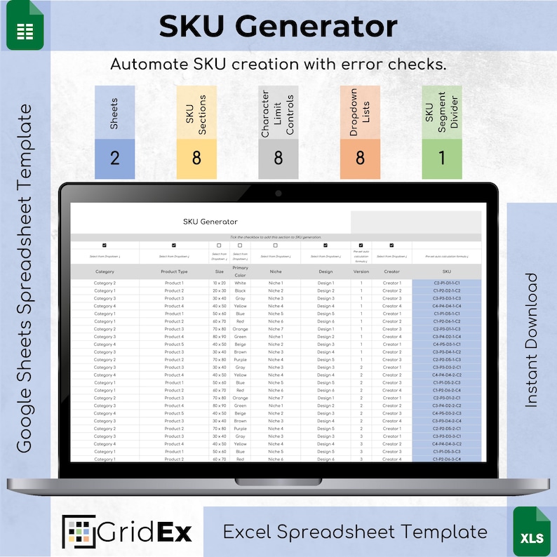 SKU Generator Spreadsheet: Excel & Google Sheets Template - Etsy