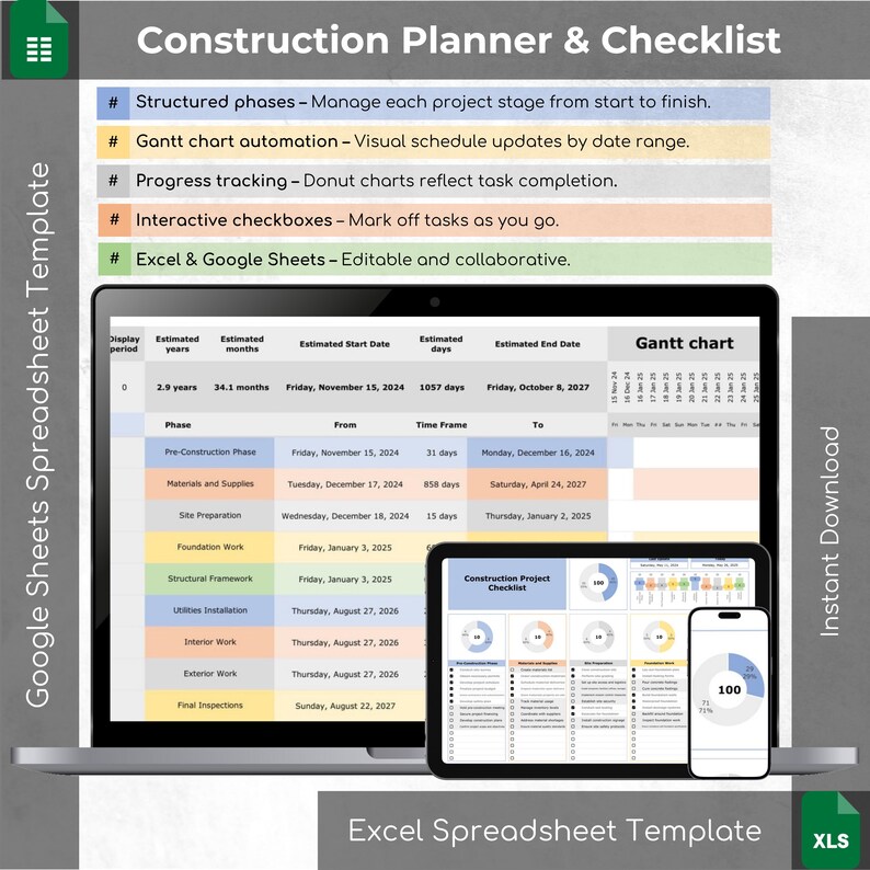 Construction Project Planner: Excel Spreadsheet Template (gantt Chart ...