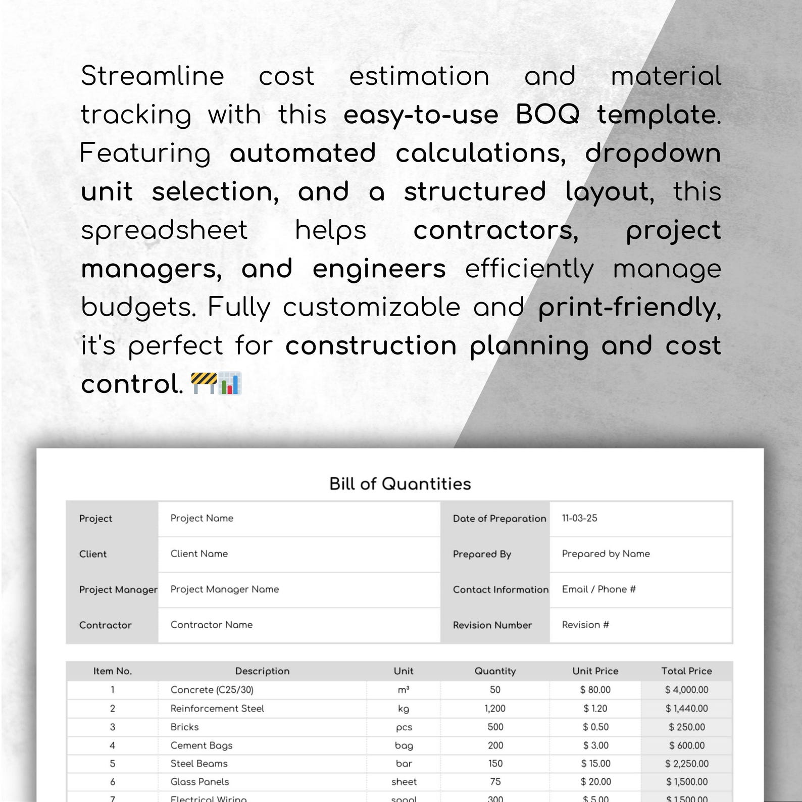 Bill of Quantities (BOQ) Template: Construction Cost Estimation (excel & Google Sheets) - Etsy