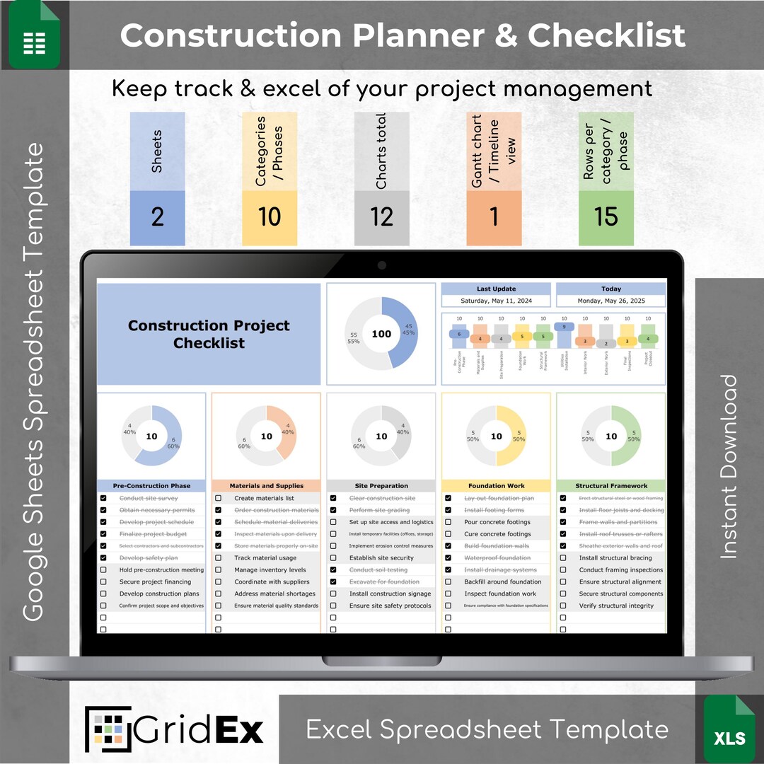 Construction Project Planner: Excel Spreadsheet Template (gantt Chart ...