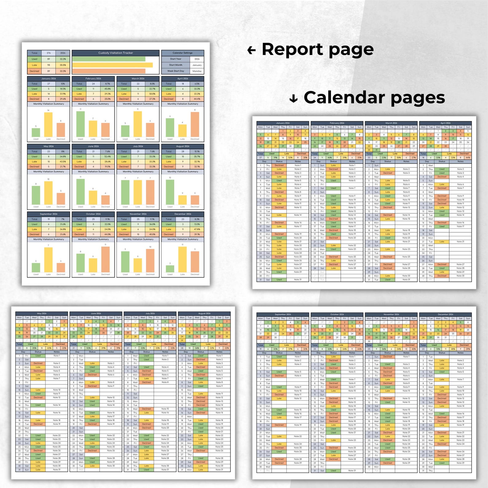 Custody Visitation Tracker Spreadsheet | Excel & Google Sheets | Color ...