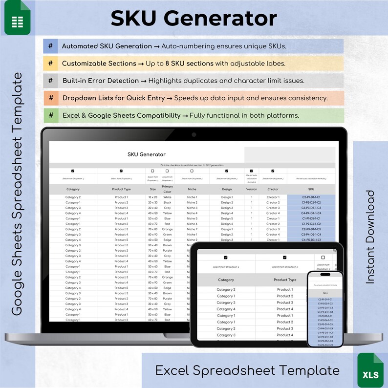 SKU Generator Spreadsheet: Excel & Google Sheets Template - Etsy