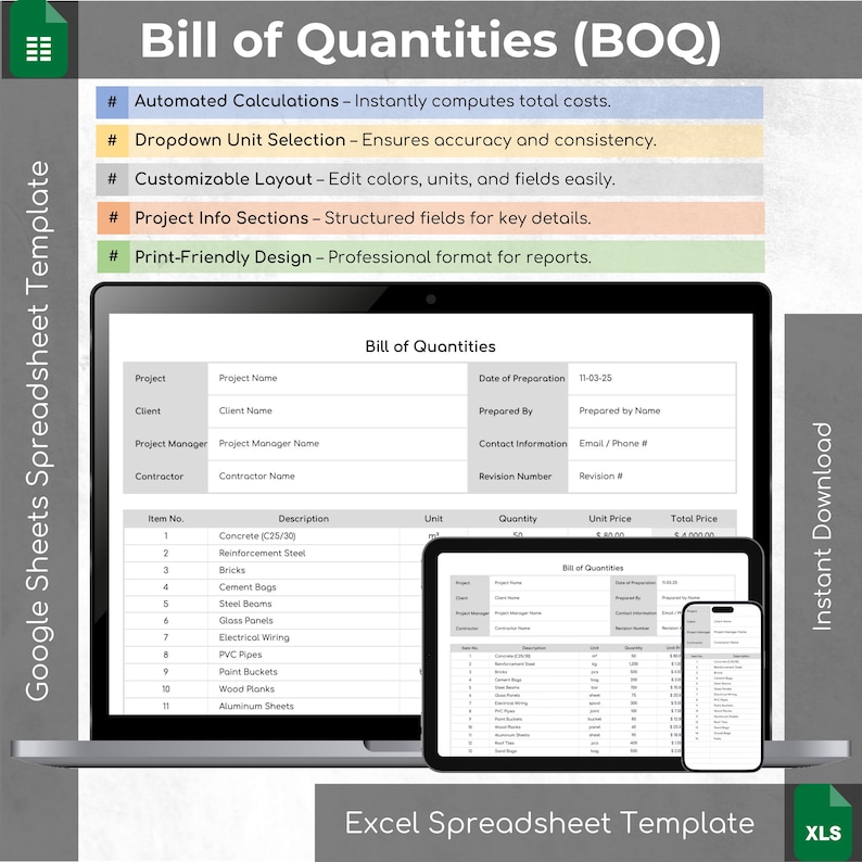 Bill of Quantities (BOQ) Template: Construction Cost Estimation (excel & Google Sheets) - Etsy