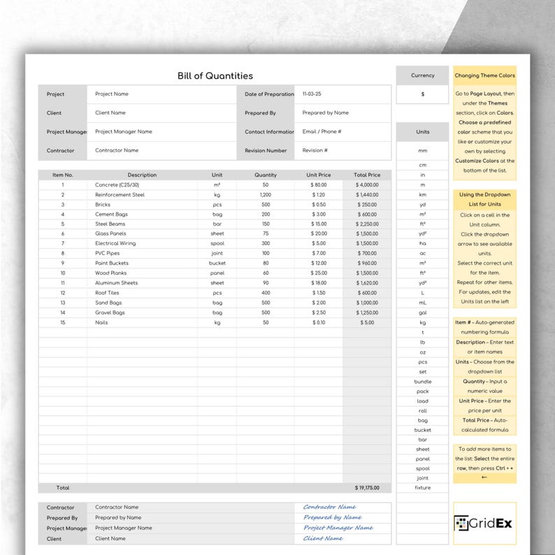 Bill of Quantities (BOQ) Template: Construction Cost Estimation (excel & Google Sheets) - Etsy