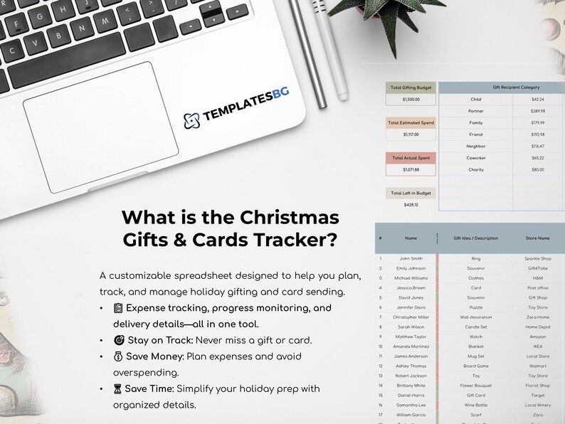 Gift List Tracker & Christmas Cards Plan Excel Spreadsheet Template for ...