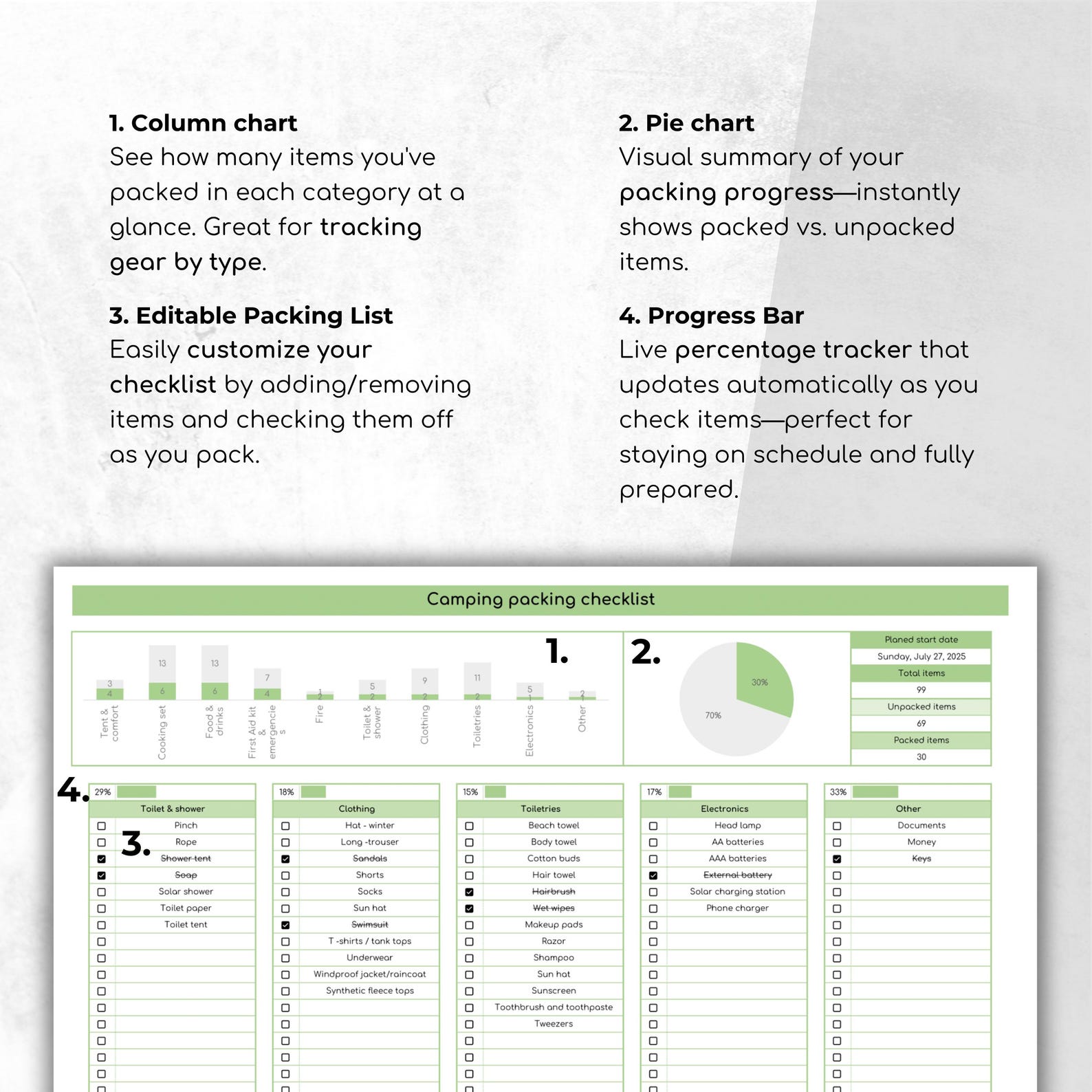 Camping Checklist Google Sheets & Excel Spreadsheet: Travel Checklist ...