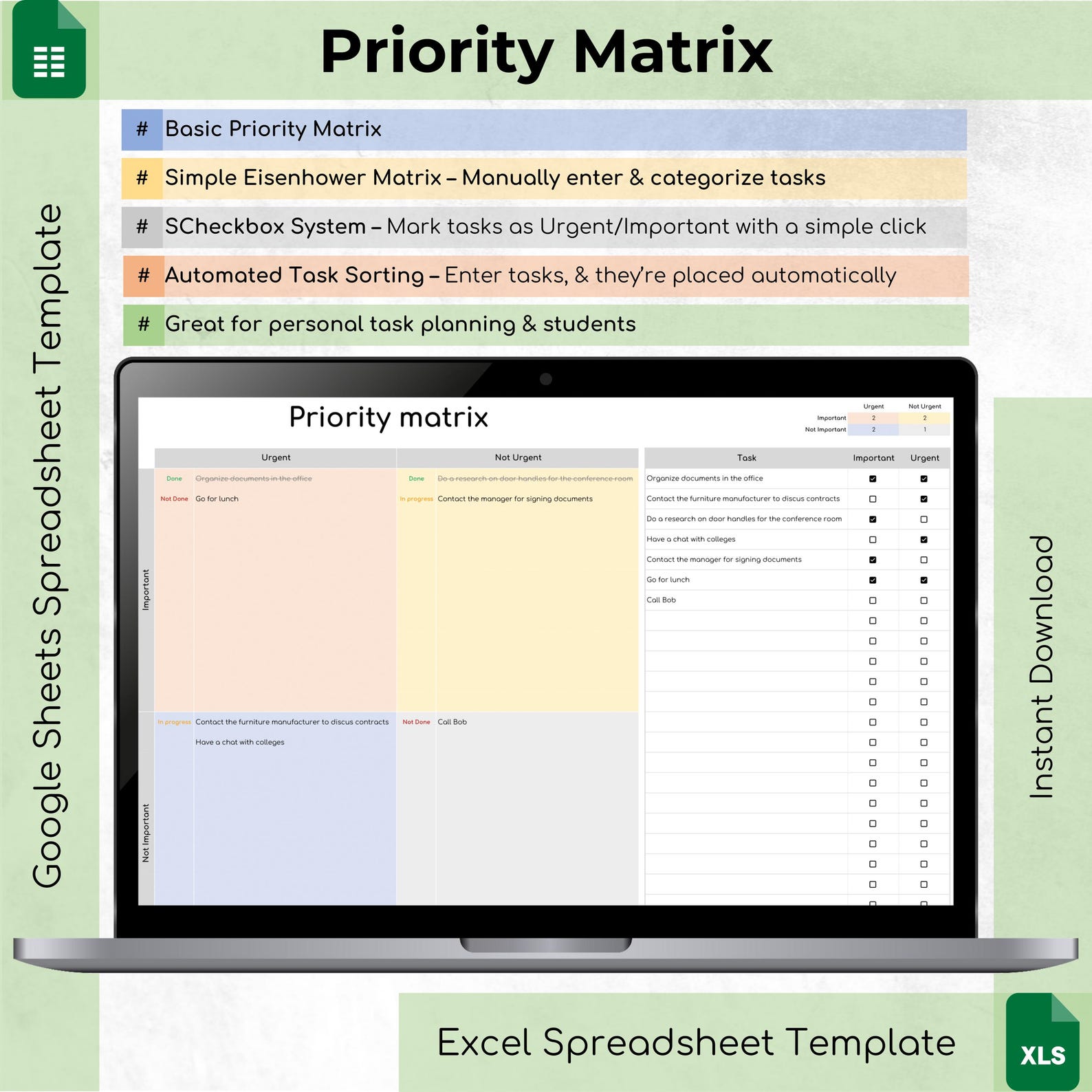 Eisenhower Matrix Spreadsheet: Priority Task Tracker (excel & Google ...