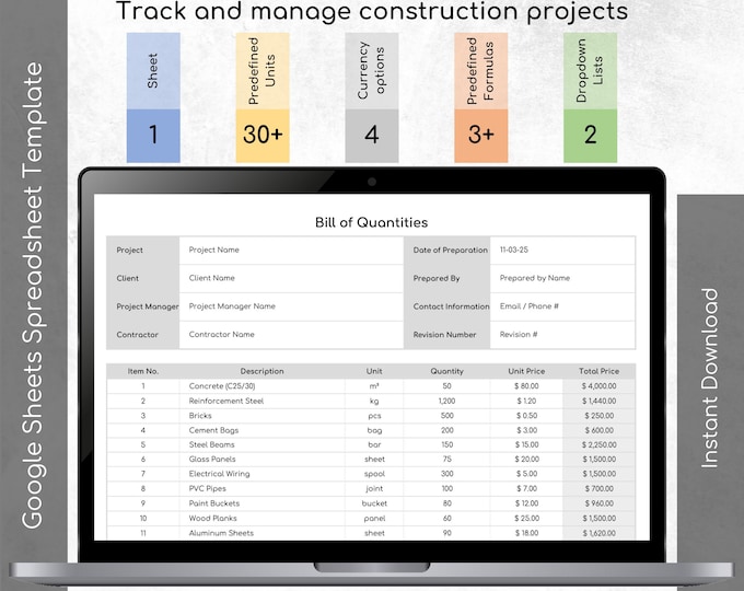 Bill of Quantities Template, Construction Cost Estimate, Cost Estimate for Materials, Labor ...